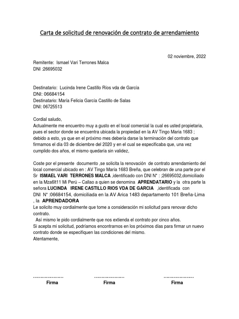 Carta de Solicitud de Renovación de Contrato de Arrendamiento | PDF