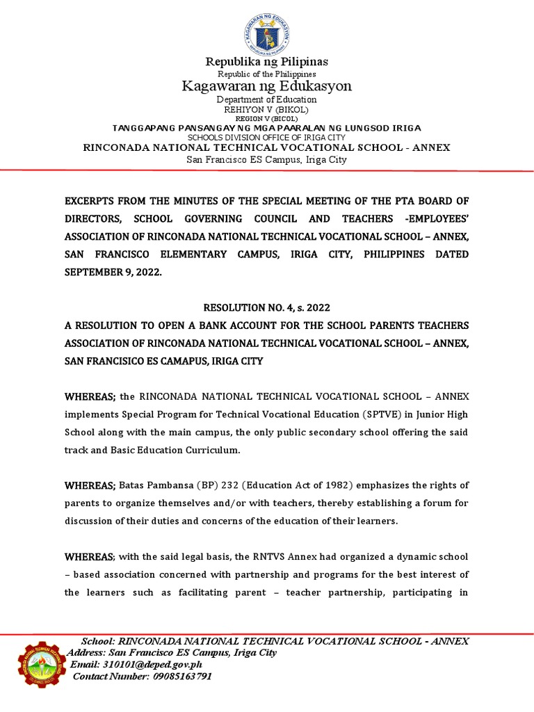 PTA Bank Account Resolution for RNTVS Annex | PDF | Schools ...