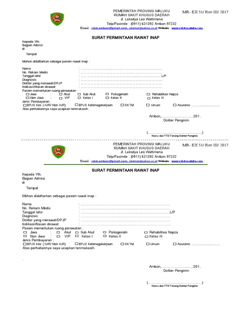 SURAT PERMINTAAN RAWAT INAP Baru | PDF