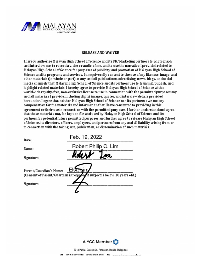 Feb. 19, 2022 Robert Philip C. Lim: Release and Waiver | Download Free ...