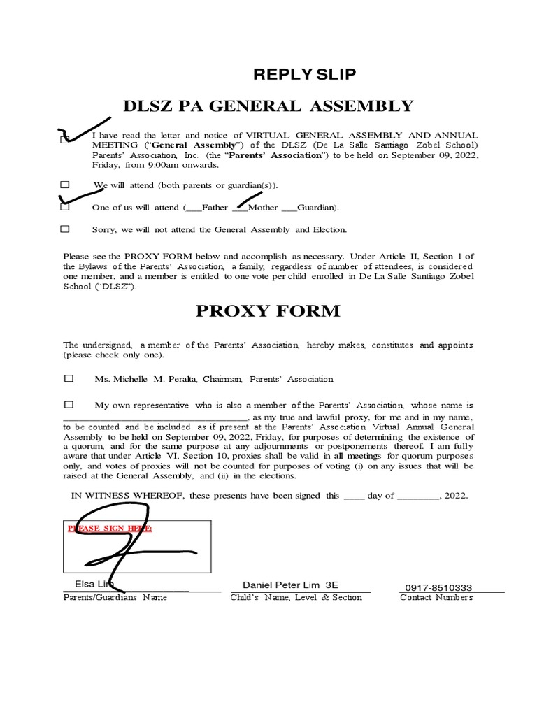 DLSZ Pa General Assembly: Proxy Form | PDF