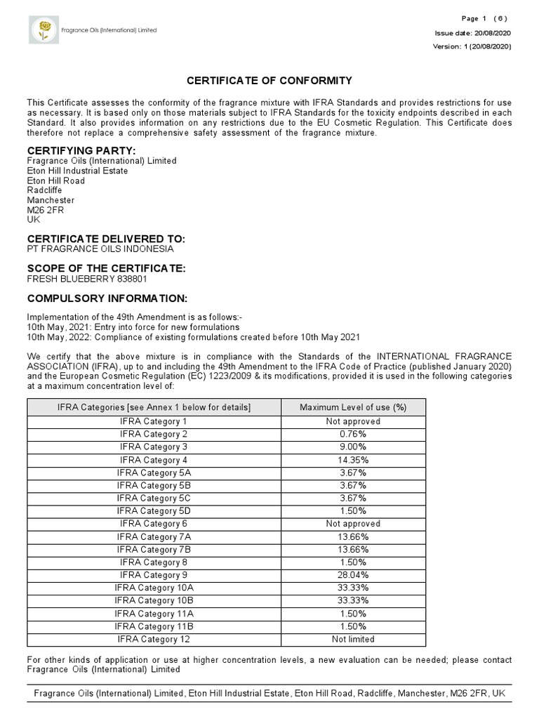 IFRA Certificate of Conformity: Fresh Blueberry | PDF | Perfume | Cosmetics
