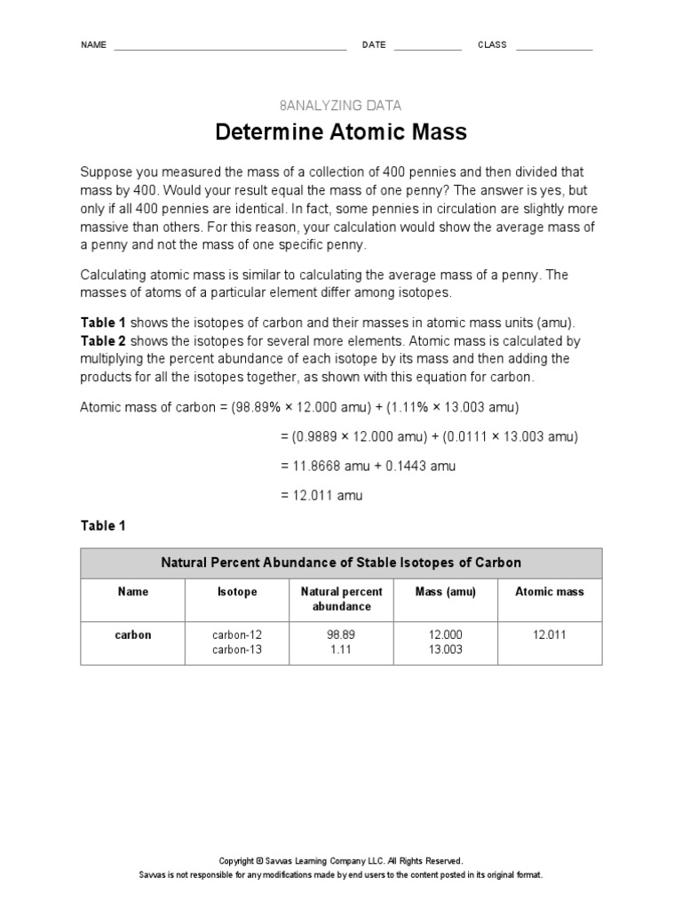8 - Students - ANALYZING DATA - Determine Atomic Mass .Docx - 1 | PDF ...
