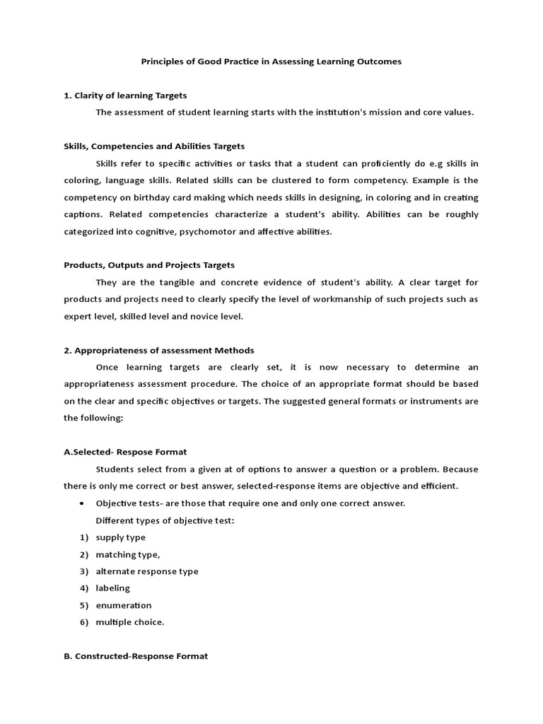 Principles Of Good Practice In Assessing Learning Outcomes Pdf Rubric Academic