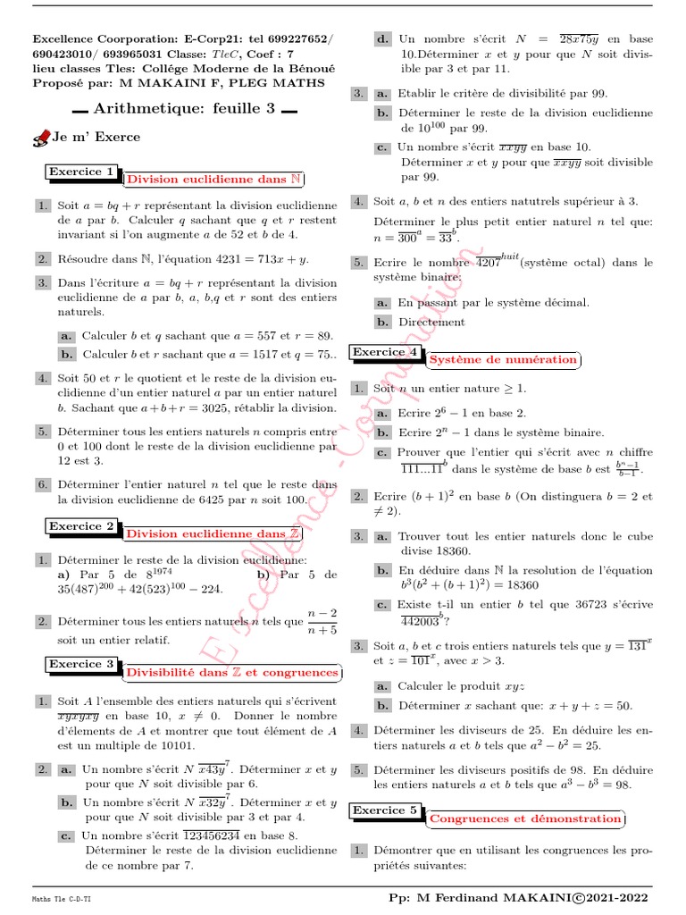 TD3 Arithmetique TleC | PDF