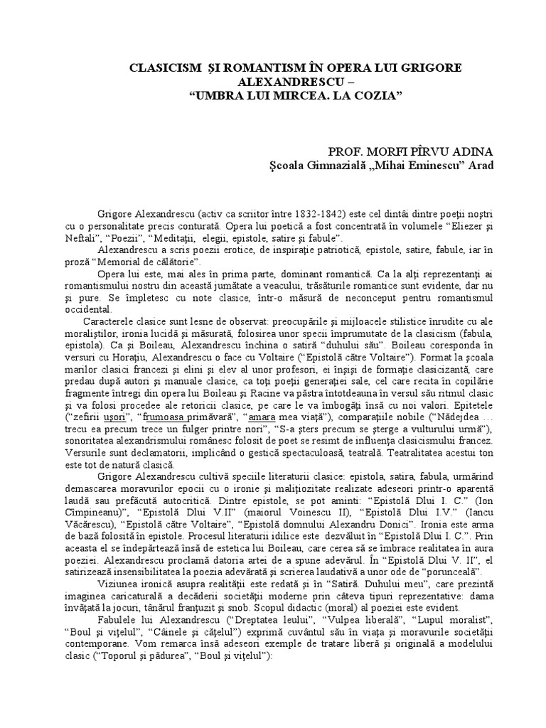 Clasicism Si Romantism in Opera Lui Grigore Alexandrescu | PDF | Poetry ...