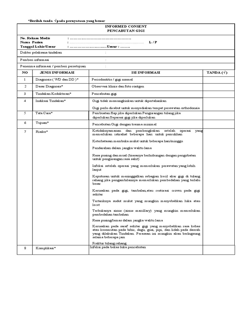 Informed Consent Pencabutan Gigi | PDF
