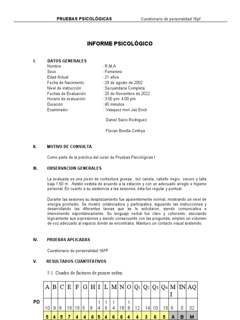 INFORME PSICOLÓGICO 16 PF Ultim TERMINADO | PDF