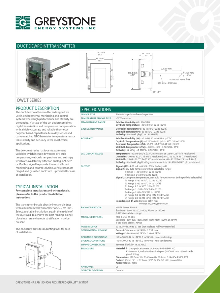 PS-DWDTXXX - Grew Stone Duct Due Point Sensor | PDF | Sensor | Power Supply