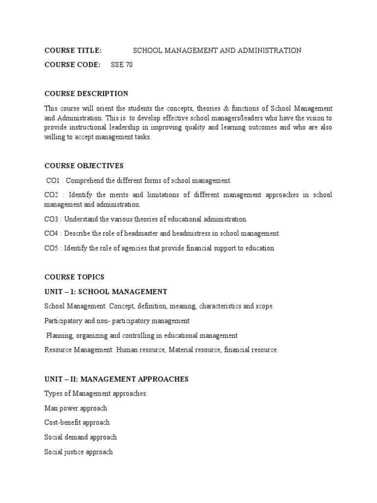 Course Outline SCHOOL MANAGEMENT AND ADMINISTRATION | PDF