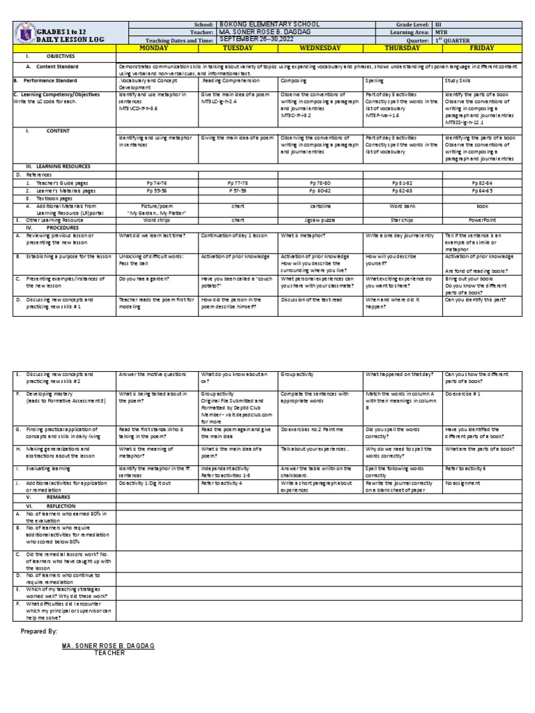 DLL - MTB 3 - Q1 - W6 | PDF | Vocabulary | Learning