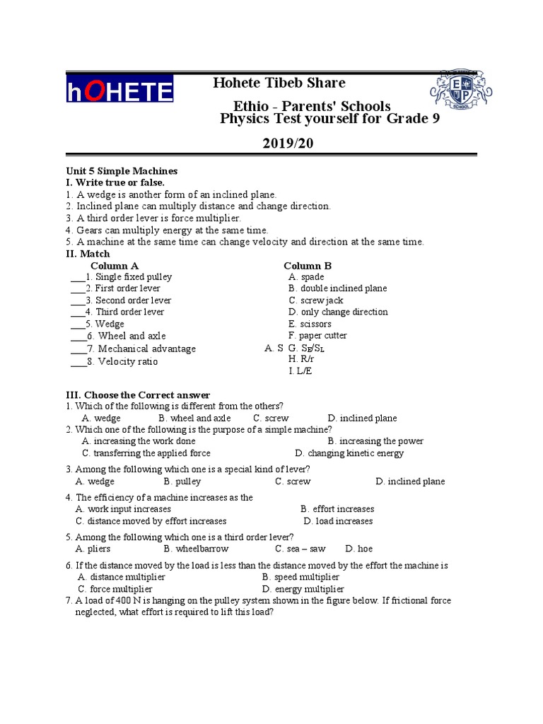 Test Grade 9 Physics | PDF | Pressure | Buoyancy