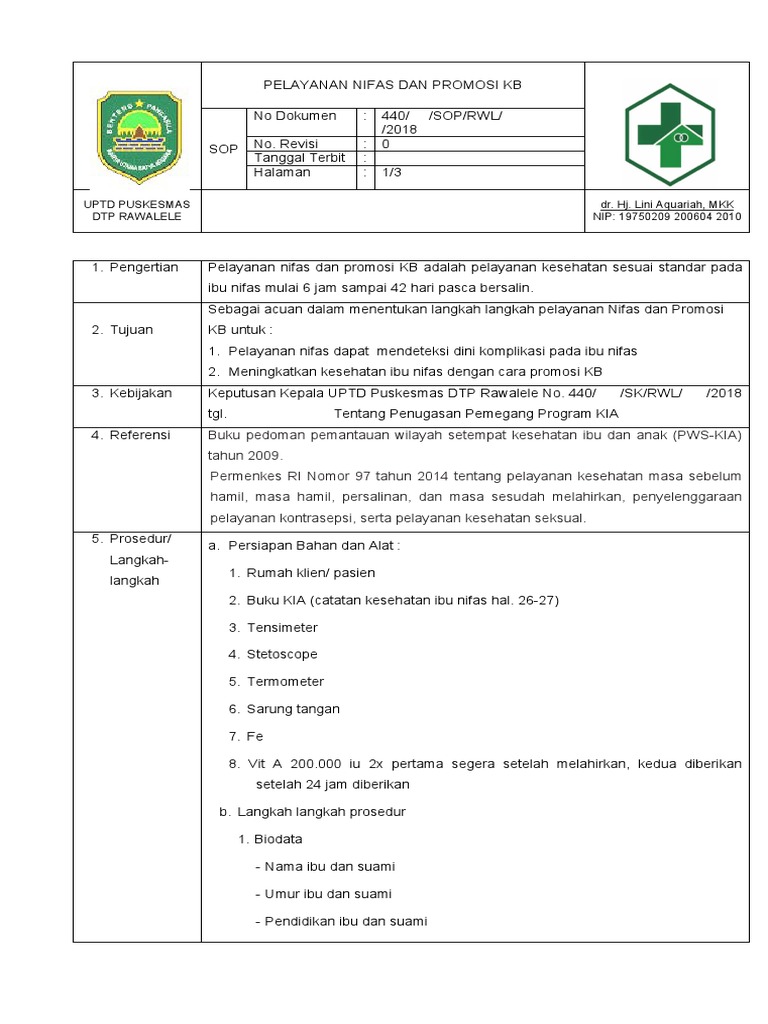 Sop Kia Pelayanan Nifas Dan Promosi KB | PDF