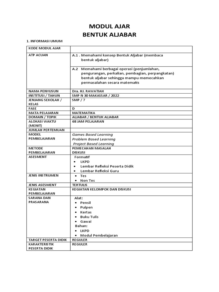 Mirna - Modul Ajar - Bentuk Aljabar | PDF | Metode & Bahan Ajar
