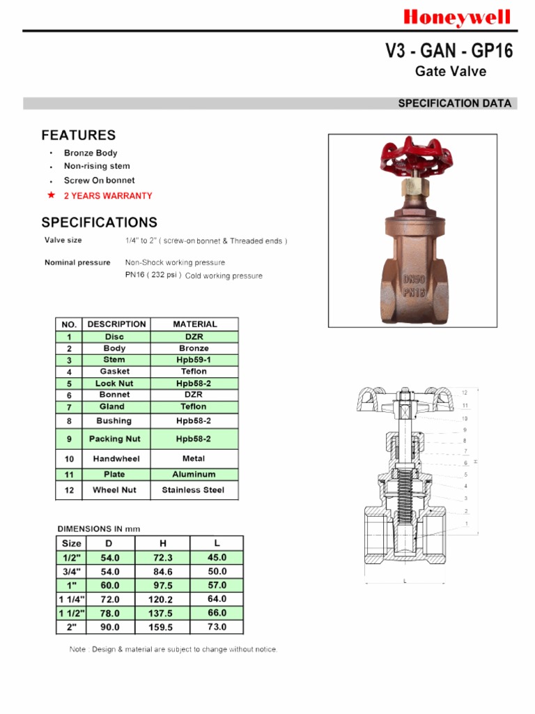 Honeywell V3-GAN-GP16, Gate Valve | PDF
