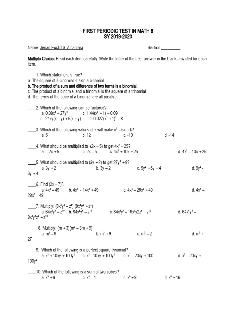 1st Periodic Test - Math 8 | PDF | Factorization | Mathematical Analysis