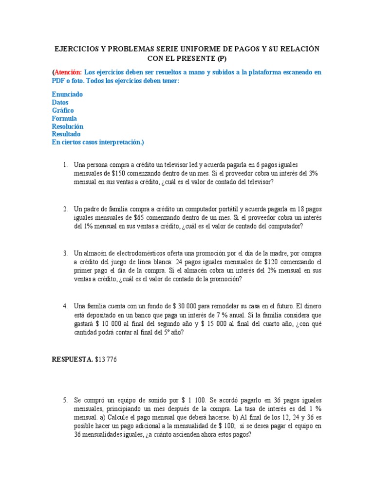 Ejercicios y Problemas Serie Uniforme de Pagos y Su Relación Con El Presente | PDF | Negocios