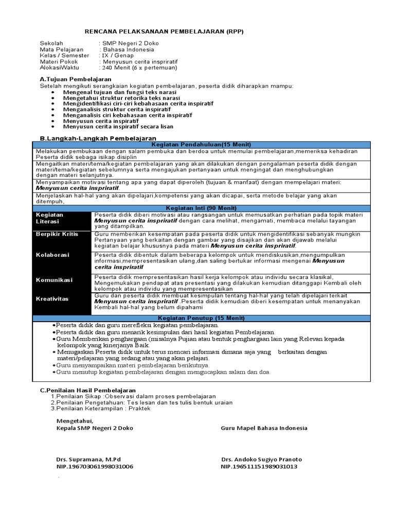 6 RPP 1 Lembar Bin Kls.9 Sem.2 - ASP | PDF