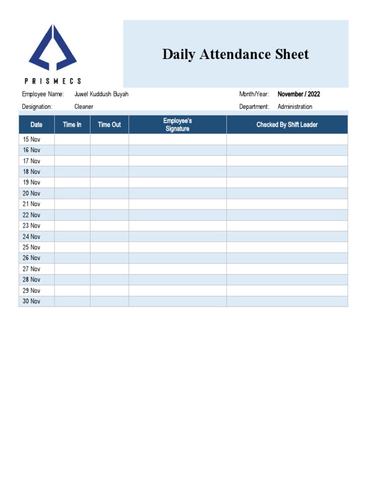 Cleaner Attendance Sheet | PDF