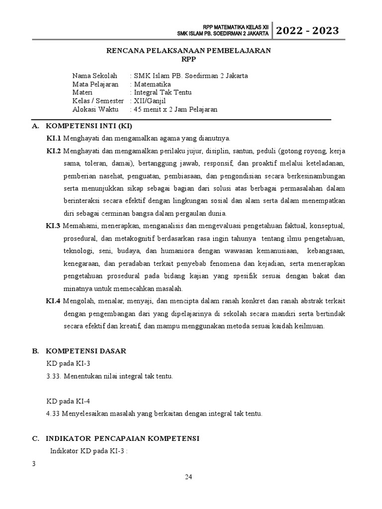 RPP Integral Tak Tentu Ihsan | PDF