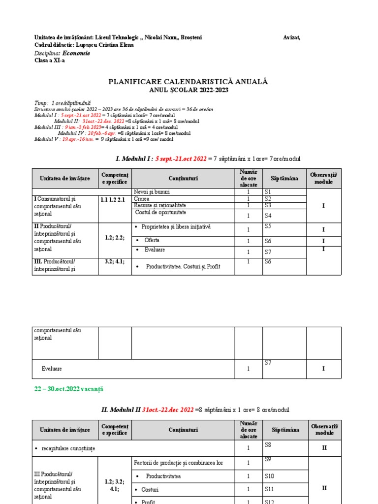Planificare Economie Pe Module | PDF
