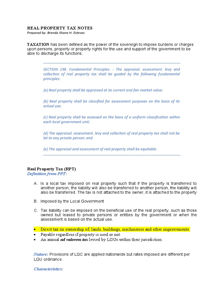 Real Property Tax Notes | PDF | Taxes | Property Tax