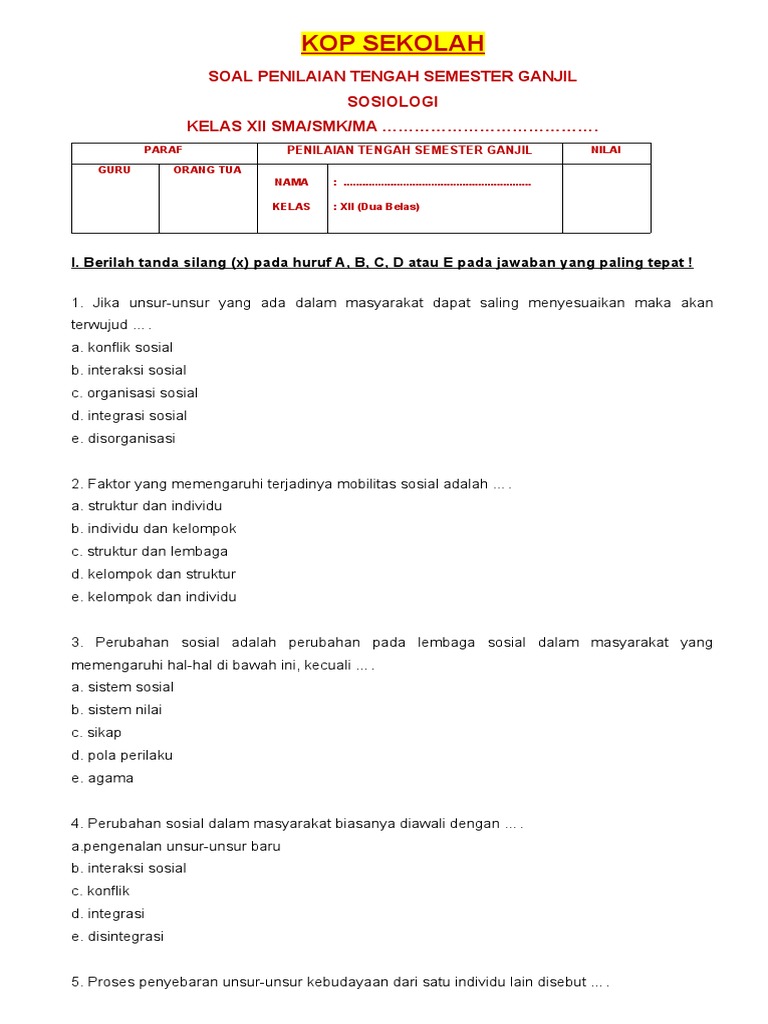 12 - Soal Pts Sosiologi Kelas 12 Semester 1 | PDF