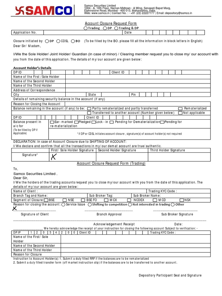 Samco Account Closure Request Form | PDF