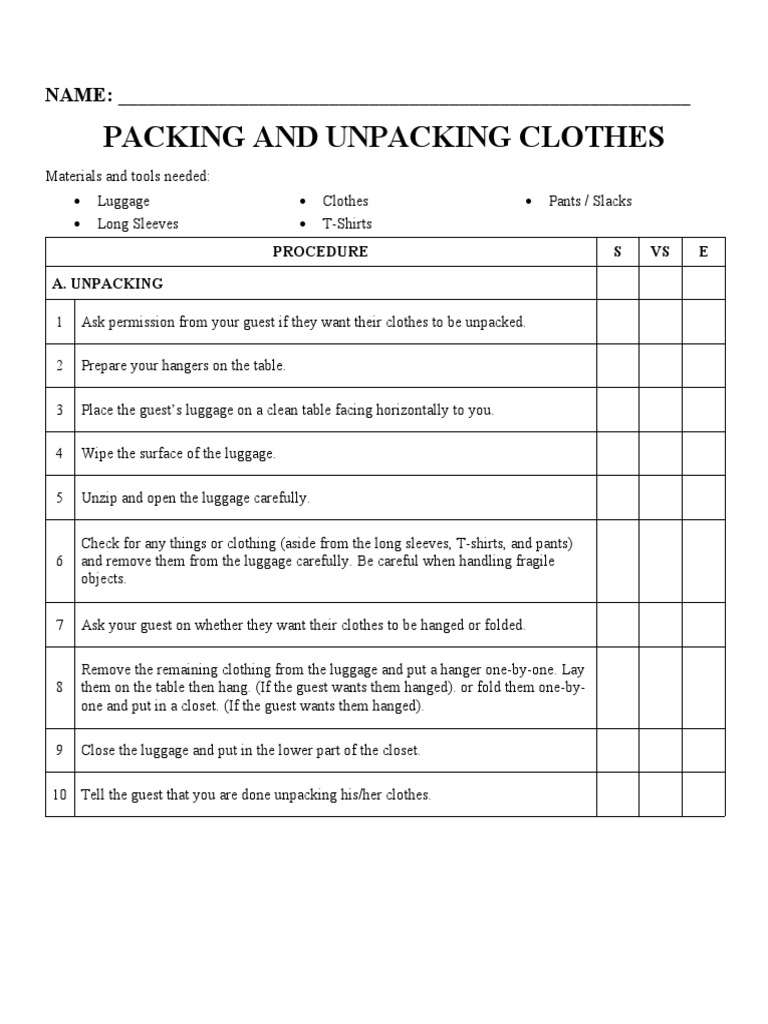 Rubrics - Packing and Unpacking Clothes | PDF