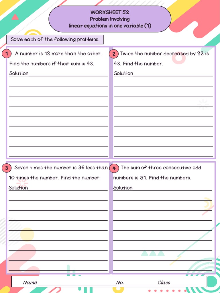 Worksheet 52 Problem Involving Linear Equations in One Variable | PDF