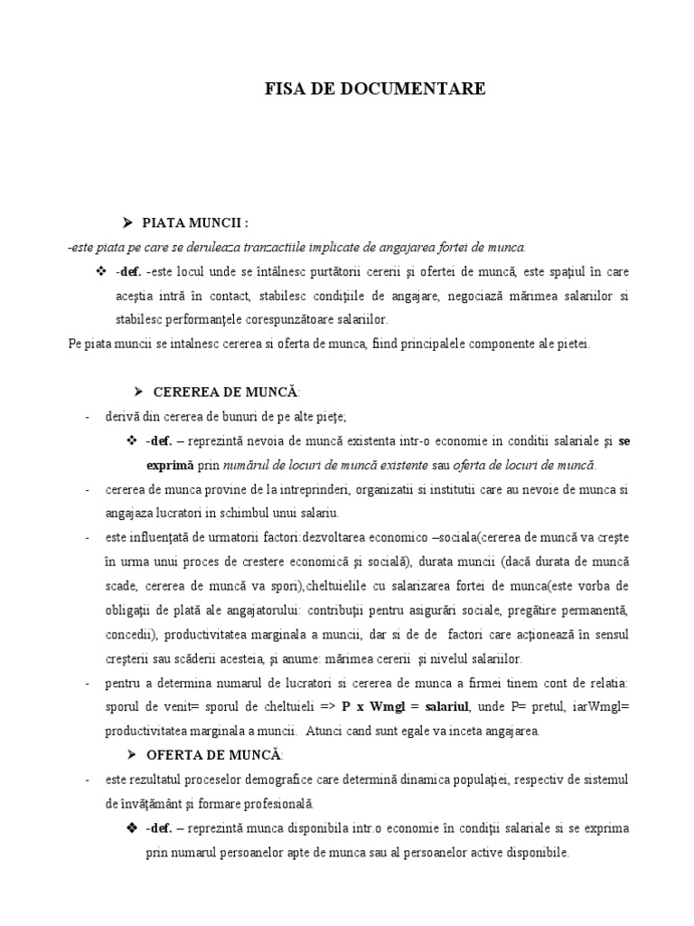 Fisa de Documentare Piata Muncii Si Salariul | PDF