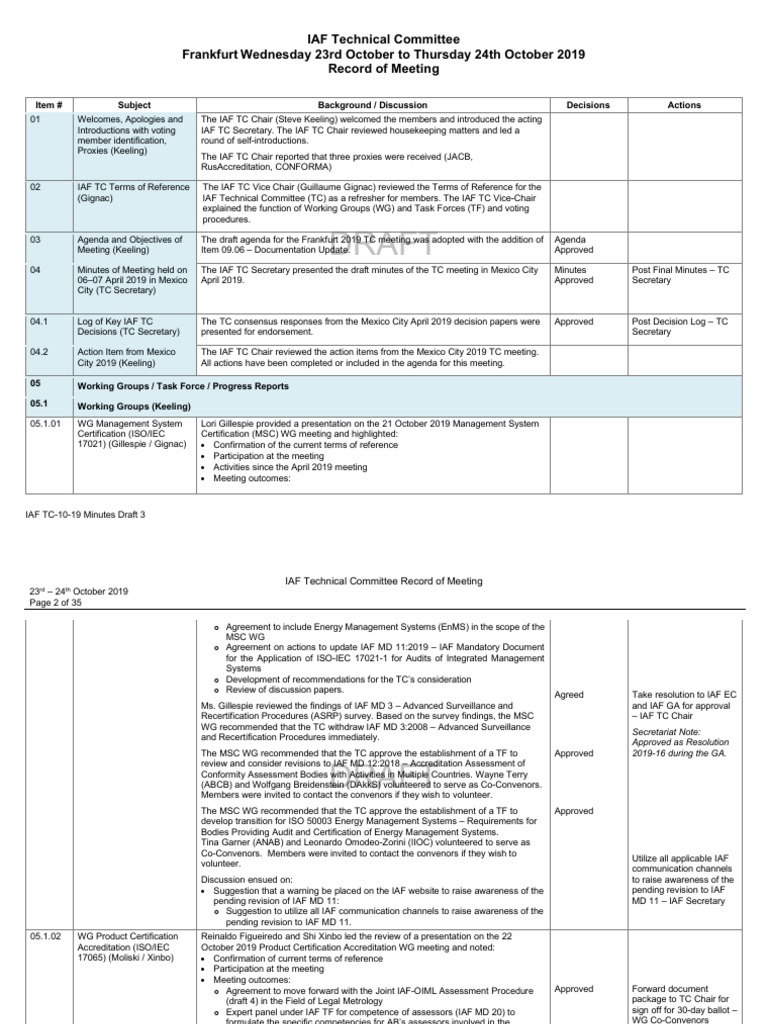 IAF TC Meeting Minutes: Frankfurt 2019 | PDF | International ...