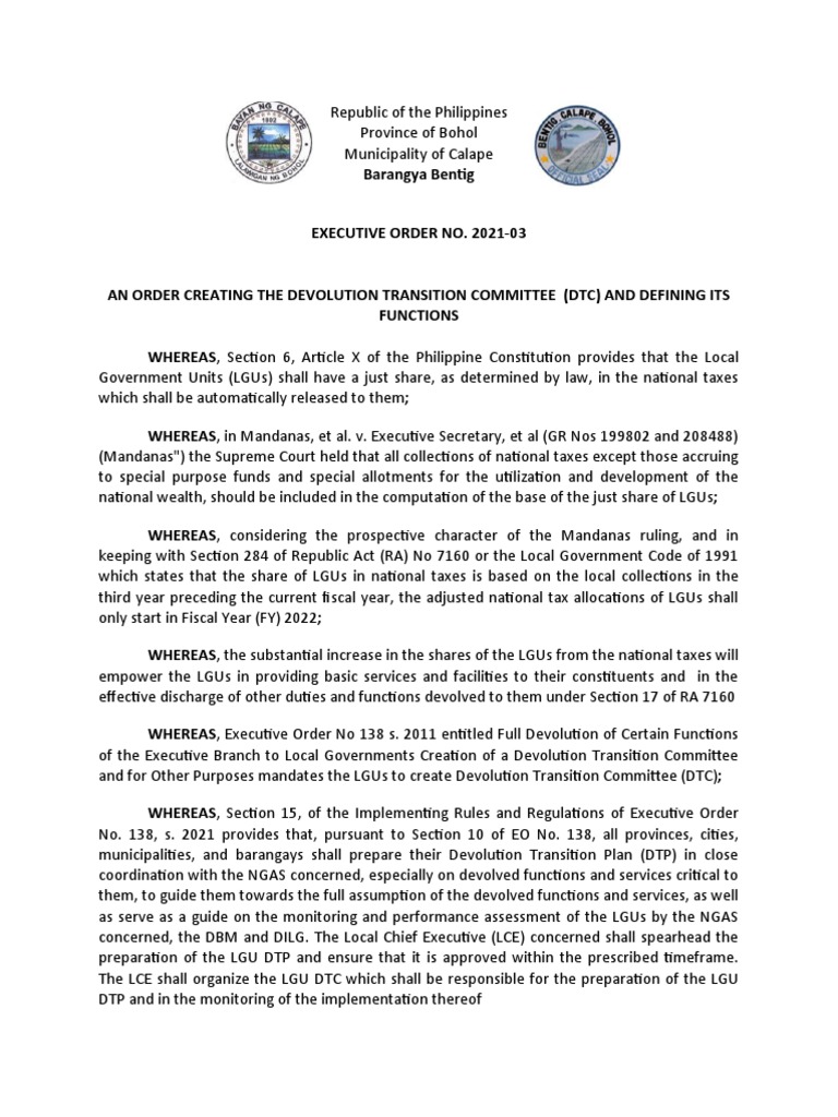 Sample EO BARANGAY Creating LGU DTC | PDF | Executive Order | Devolution