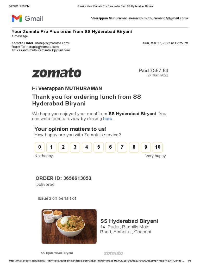 Gmail - Your Zomato Pro Plus Order From SS Hyderabad Biryani | PDF