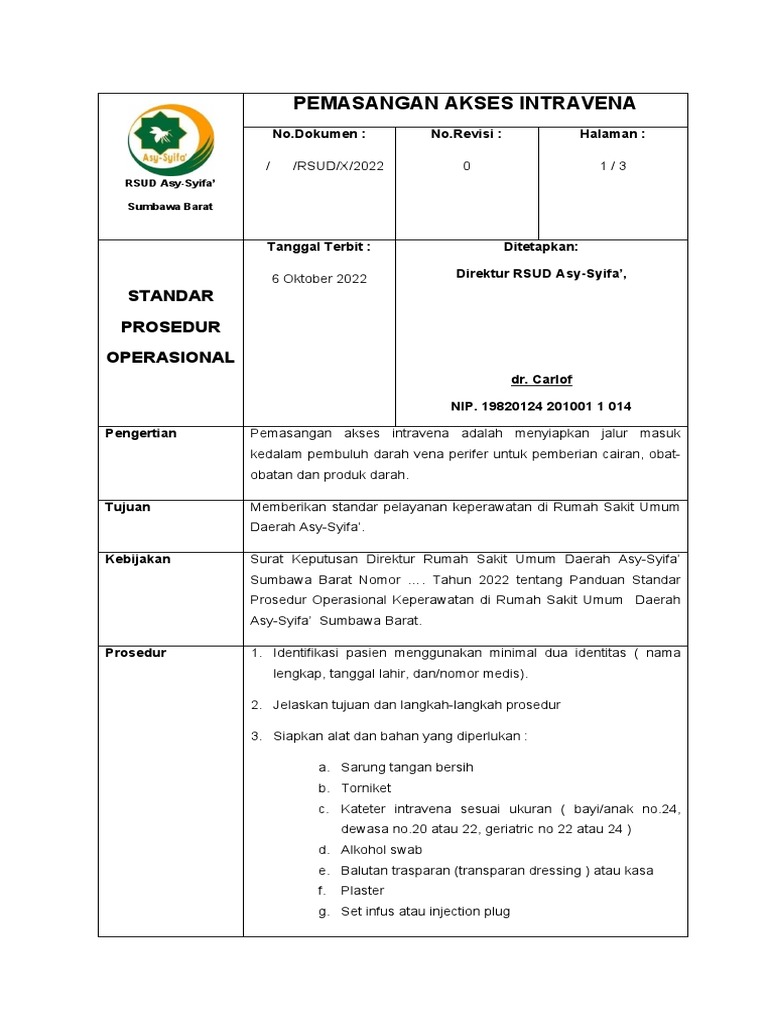 SOP Pemasangan Akses Intra Vena | PDF