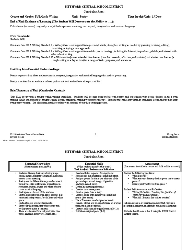 Fifth Grade Poetry Workshop | PDF