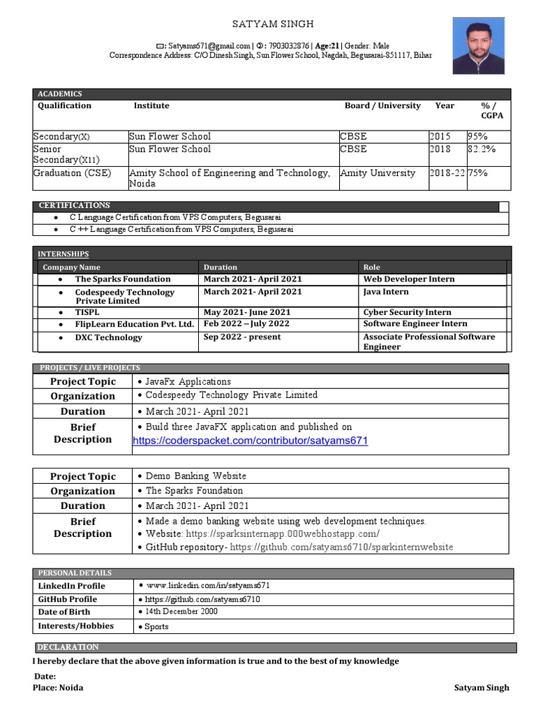 Satyam Resume 2022 | PDF | Computing | Systems Engineering
