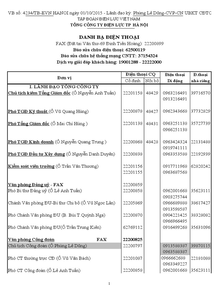 Danh Ba - Evnhanoi | PDF