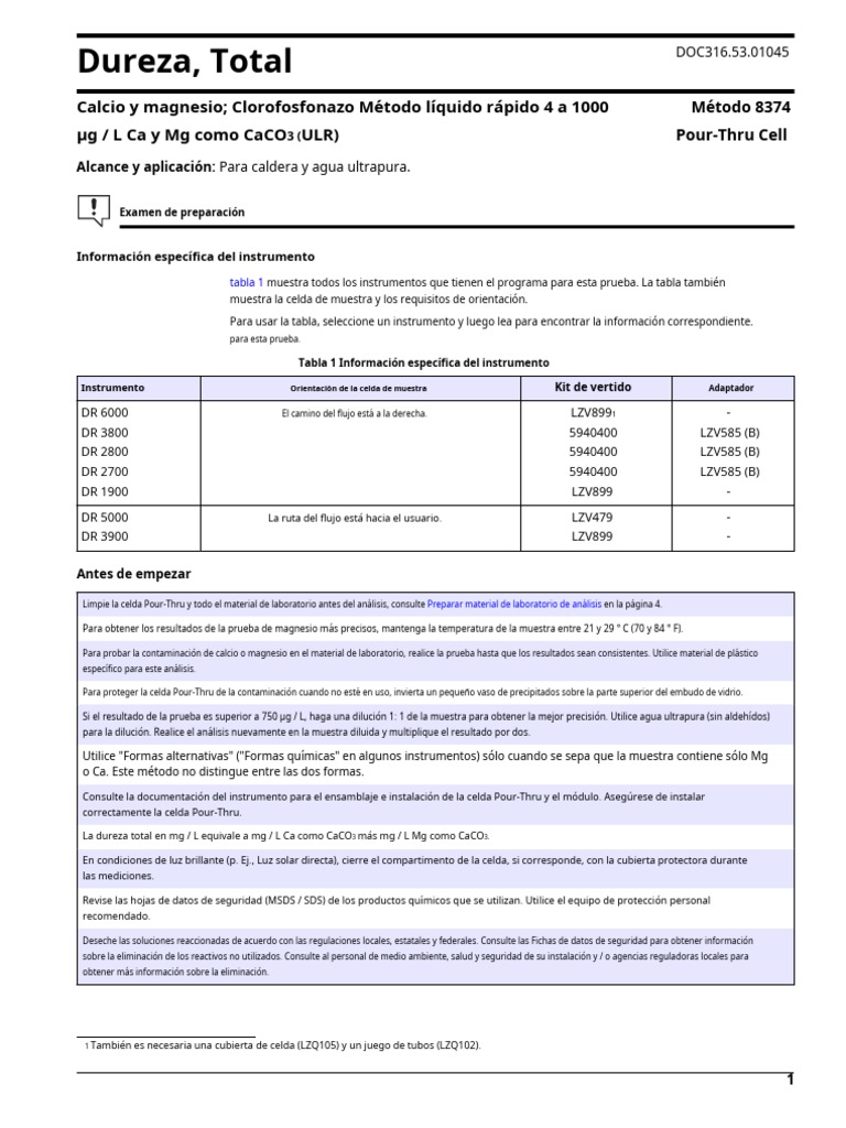 Hardness Total, Method 8374 Pour Thru Cell - En.es | PDF