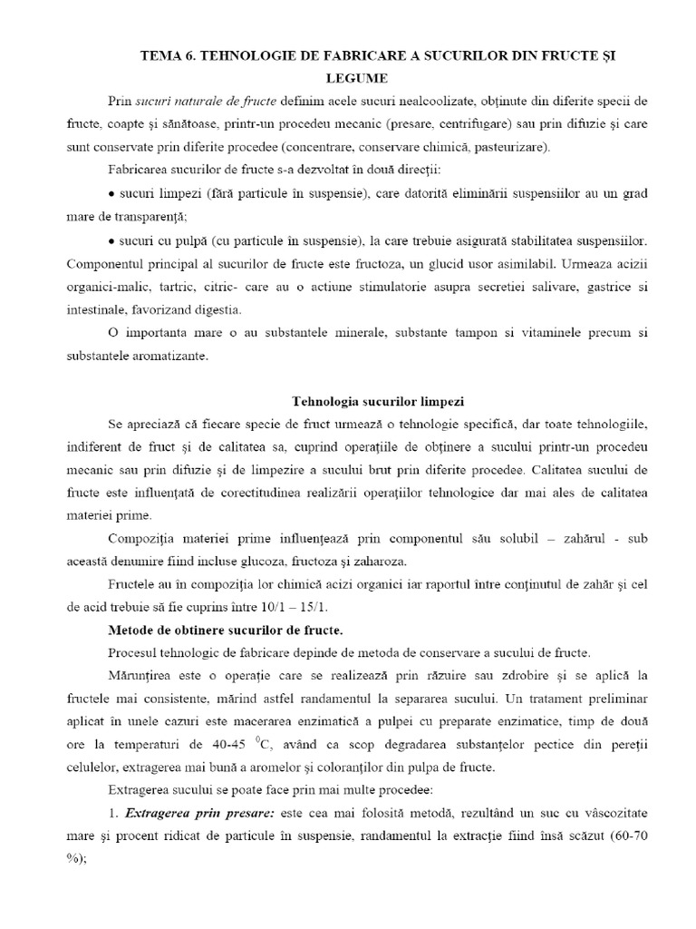 TEMA 6. TEHNOLOGIE DE FABRICARE A SUCURILOR DIN FRUCTE ȘI LEGUME - PDF | PDF