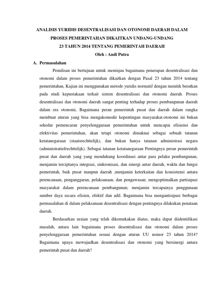 Analisis Yuridis Desentralisasi Dan Otonomi Daerah Dalam Proses ...