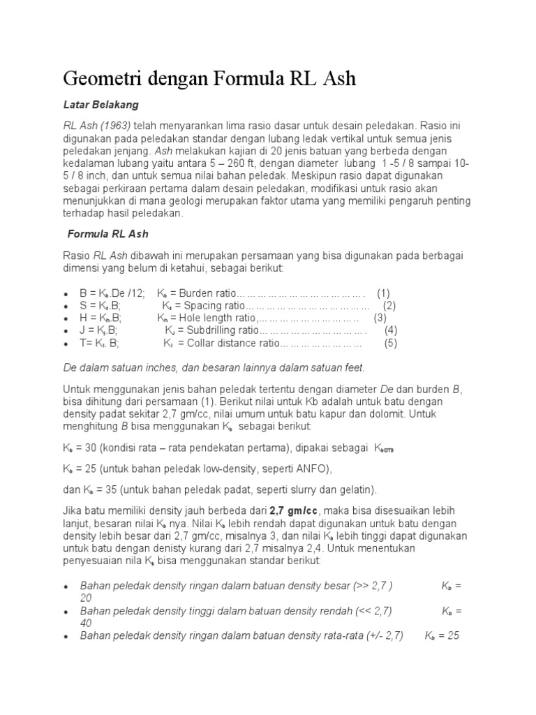 Geometri Peledakan Dengan Formula RL Ash | PDF