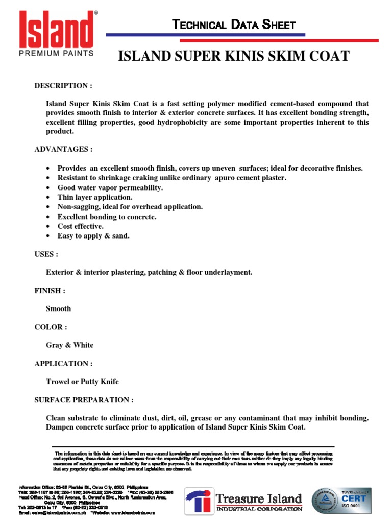 Island Super Kinis Skim Coat TDS | PDF