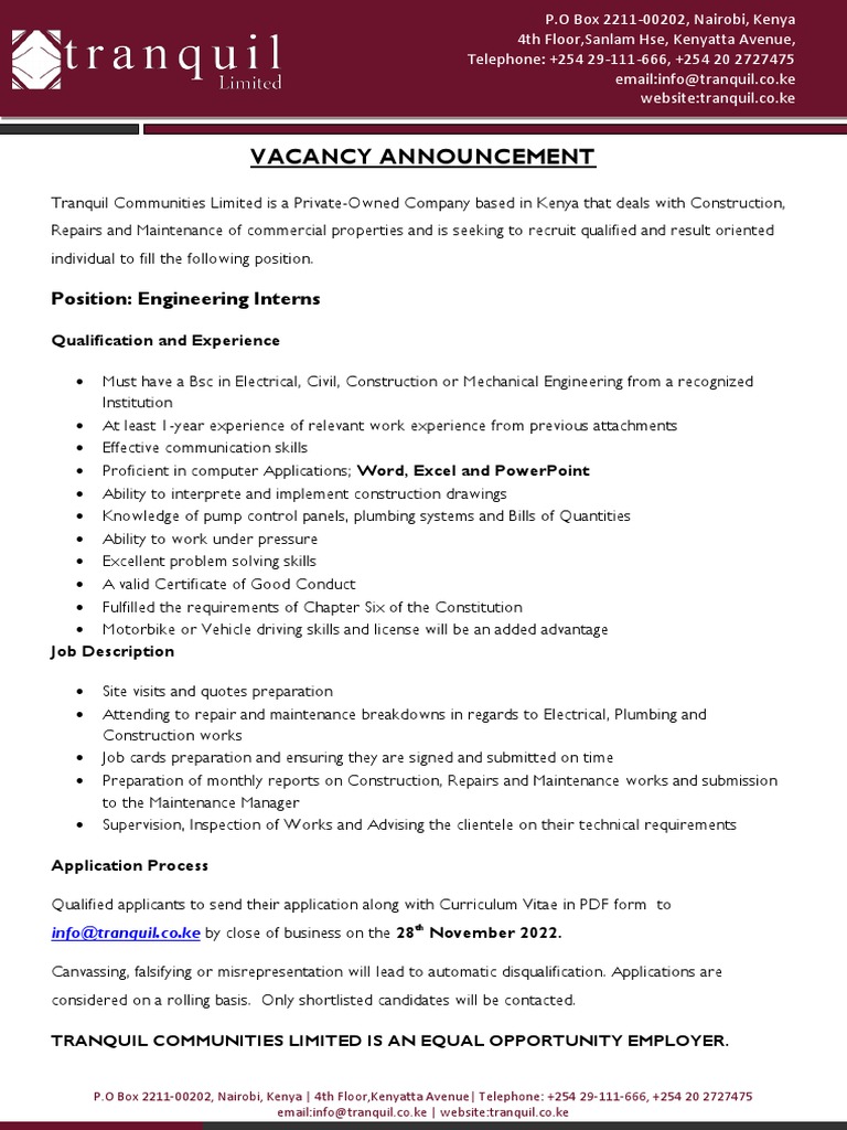 Engineering Interns - VACANCY ANNOUNCEMENT | PDF | Engineering