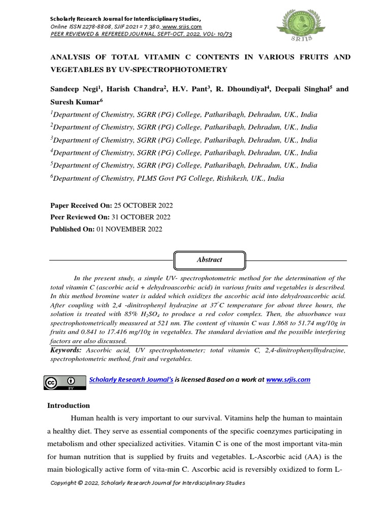 Analysis of Total Vitamin C Contents in Various Fruits and Vegetables ...