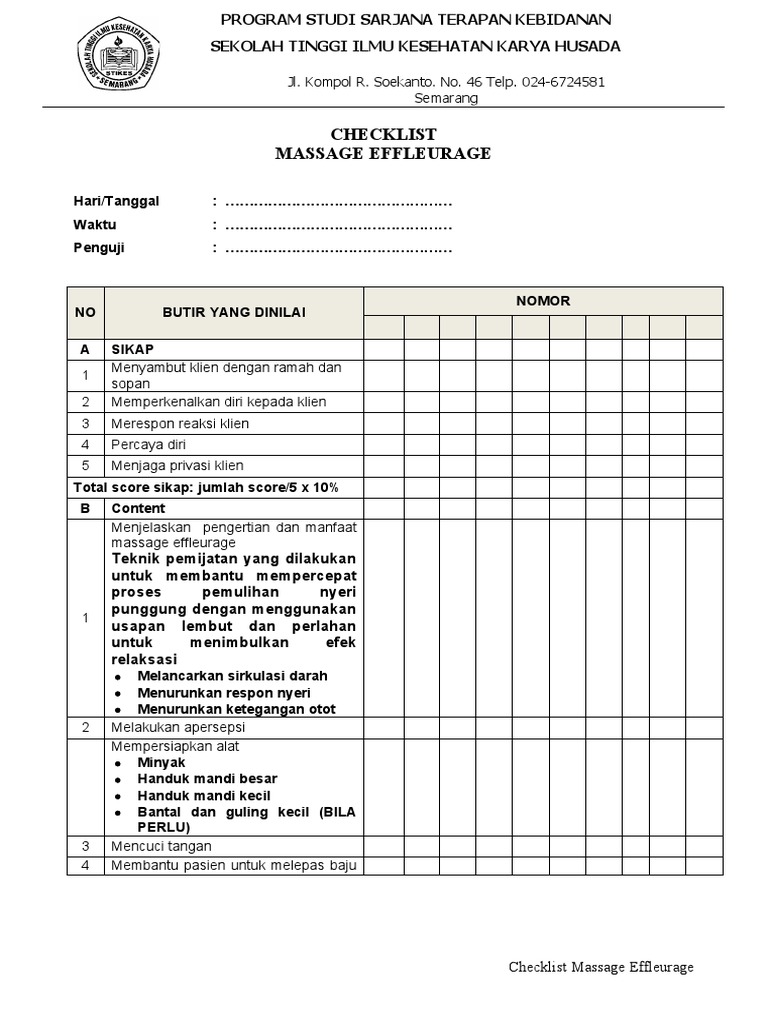 Checklist for Effleurage Massage Techniques | PDF