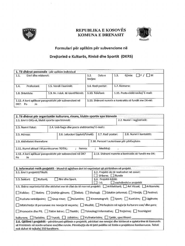 Formular Për Aplikim Për Subvencione Në DKRS Drenas | PDF