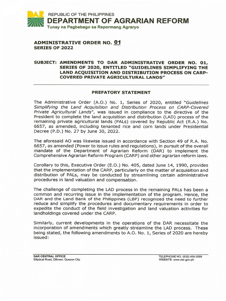 Ao 01 Amendments To Dar Administrative Order No 01 Series of 2020 Entitled Guidelines ...