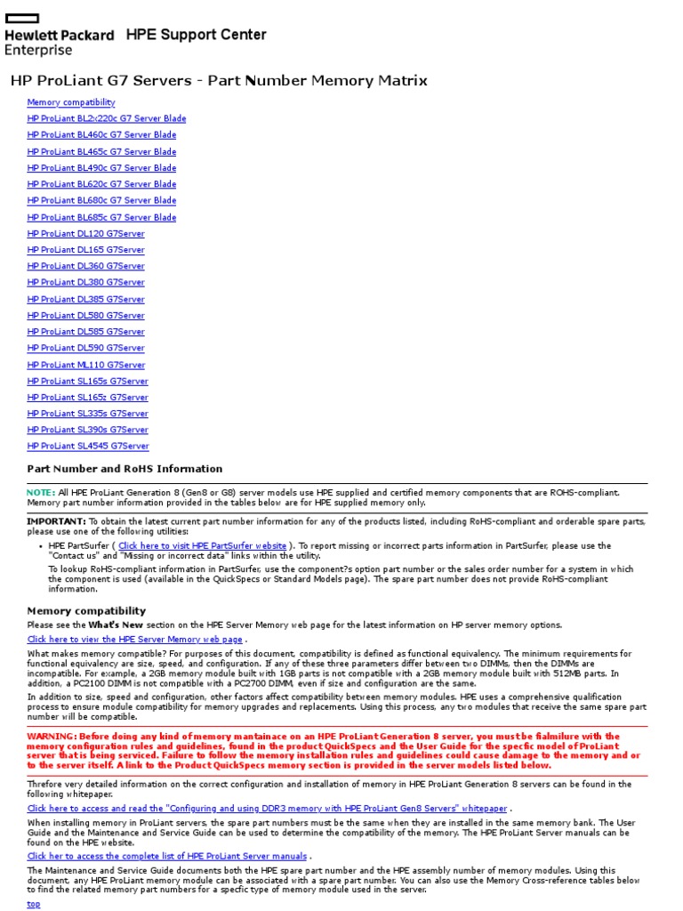 HP ProLiant G7 Servers - Part Number Memory Matrix | PDF