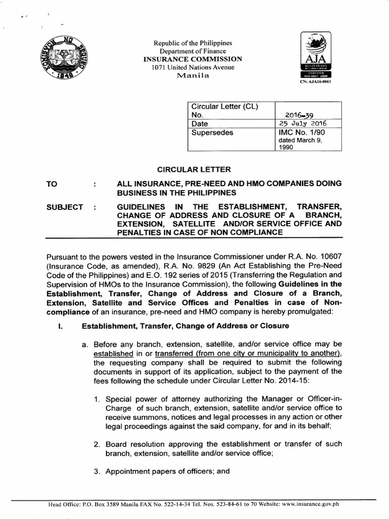 CL2016 - 39 Guidelines in The Establishment, Transfer of Address and ...